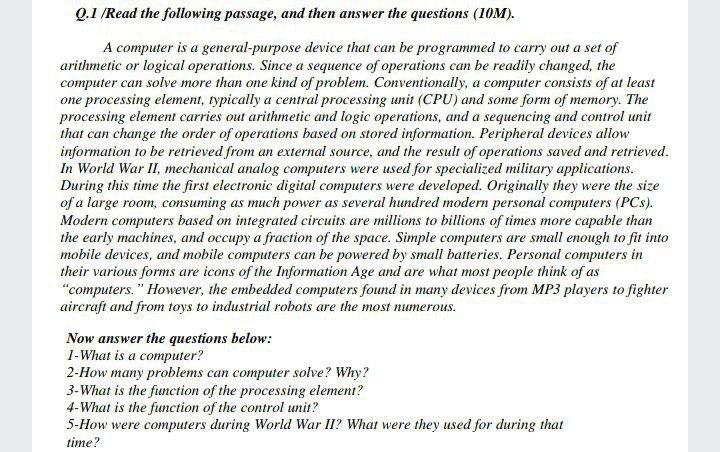 Solved Q.1 /Read the following passage, and then answer the | Chegg.com