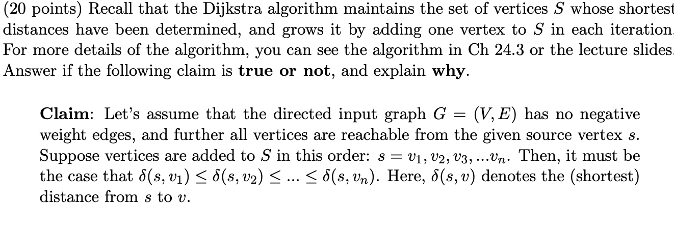 Solved (20 points) Recall that the Dijkstra algorithm | Chegg.com