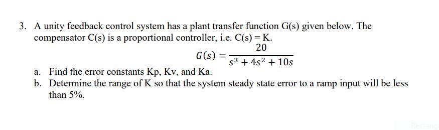 Solved 3. A unity feedback control system has a plant | Chegg.com