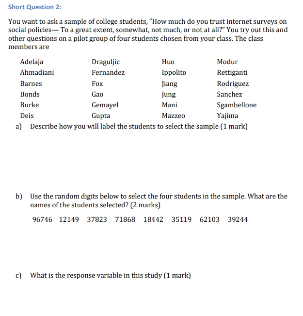 Solved Short Question 2: You want to ask a sample of college | Chegg.com
