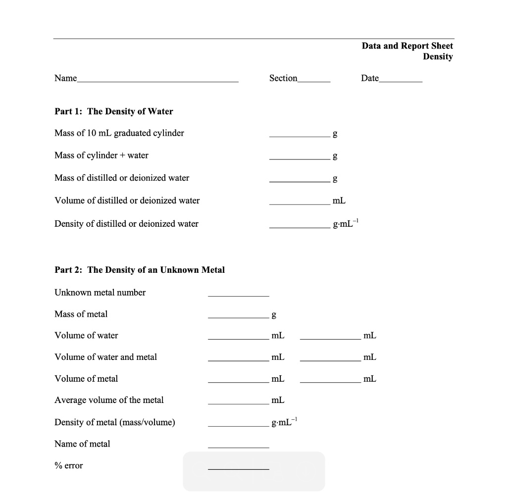 Data and Report Sheet Density Name Section Date Part | Chegg.com