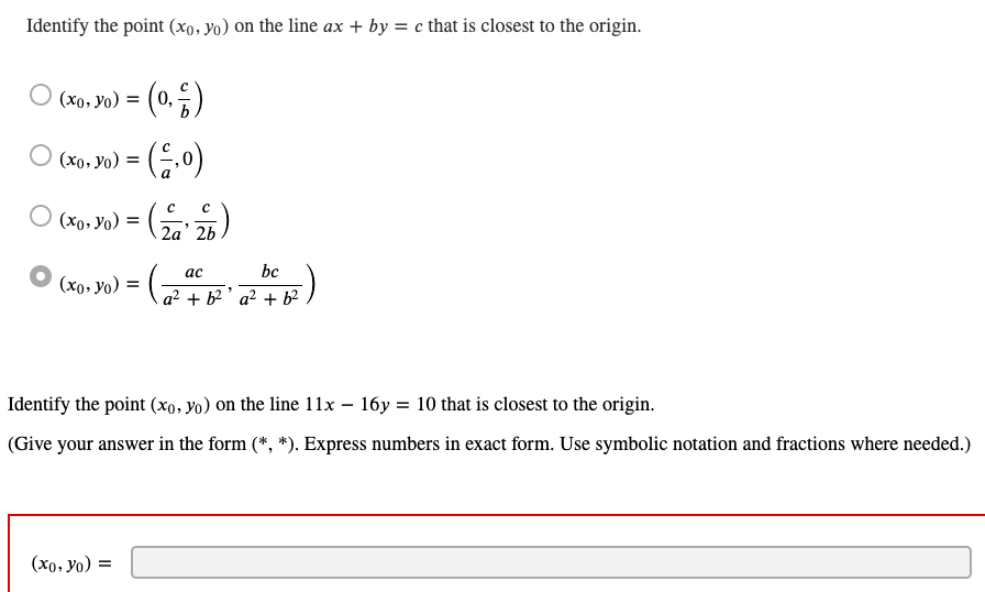 Solved Identify the point (x0,y0) on the line ax+by=c that | Chegg.com