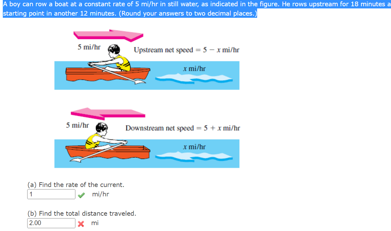 Solved A boy can row a boat at a constant rate of 5mi/hr in | Chegg.com