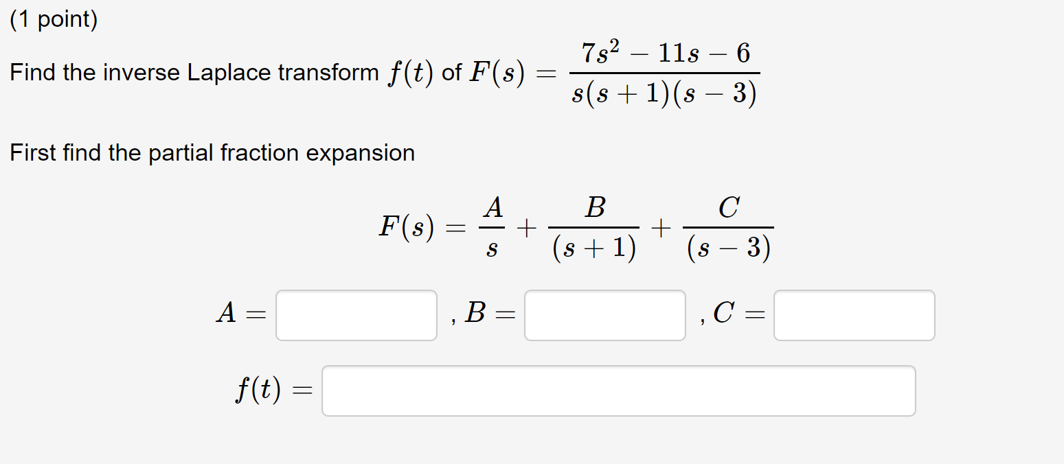 Solved (1 point) Find the inverse Laplace transform f(t) of | Chegg.com