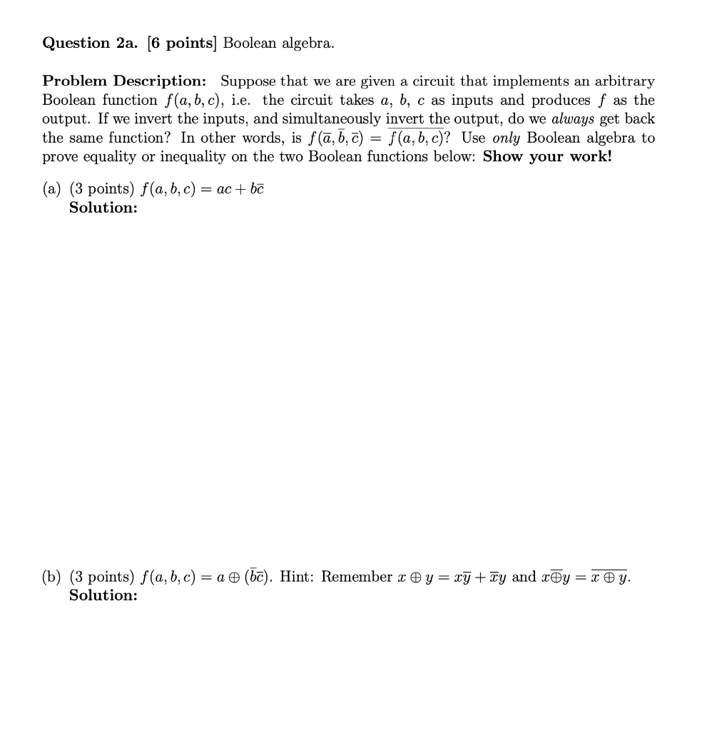 Solved Question 2a. [6 points] Boolean algebra. Problem | Chegg.com
