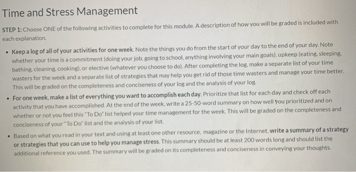 Solved Time and Stress Management STEP 1: Choose ONE of the | Chegg.com