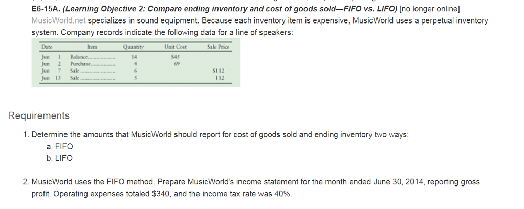 Solved E6-15A. (Learning Objective 2: Compare ending | Chegg.com