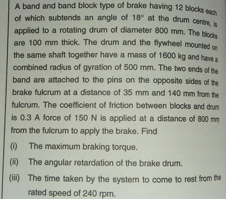 Solved A band and band block type of brake having 12 blocks | Chegg.com