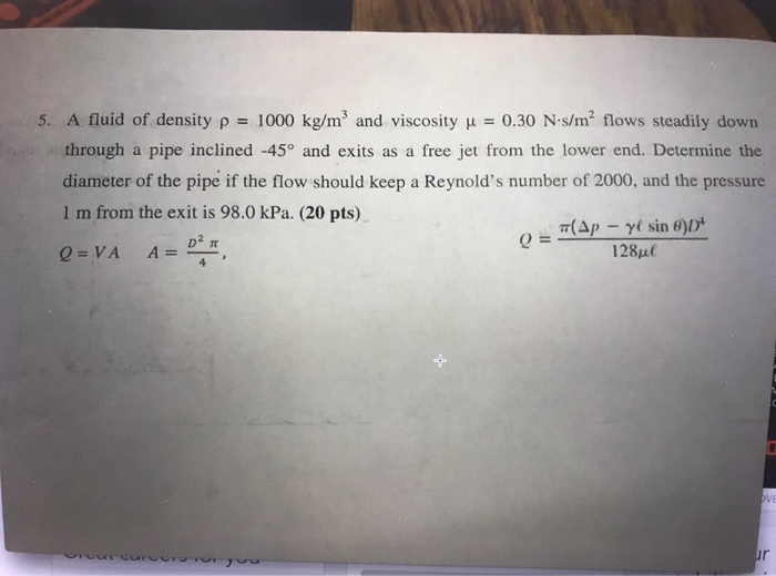 Solved A fluid of density rho = 1000 kg/m^3 and viscosity mu | Chegg.com