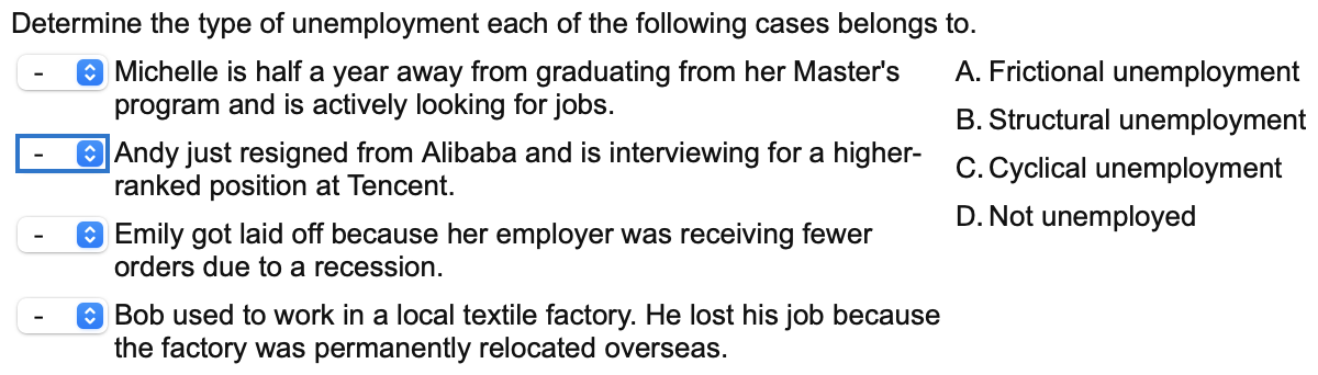 Solved Determine the type of unemployment each of the | Chegg.com