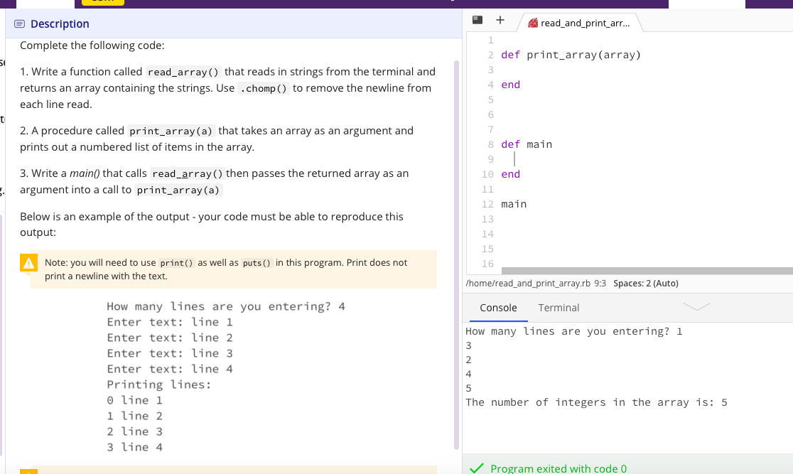 Solved + read_and_print_arr... Description Complete the | Chegg.com