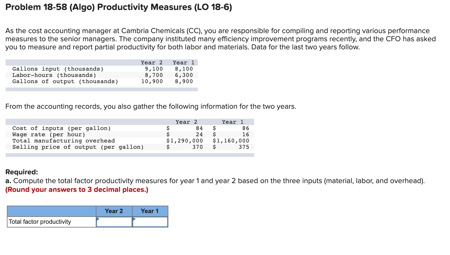 Solved Problem 18-58 (Algo) Productivity Measures (LO 18-6) | Chegg.com