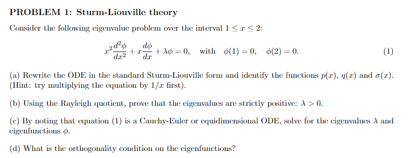 Solved PROBLEM 1: Sturm-Liouville theory Consider the | Chegg.com