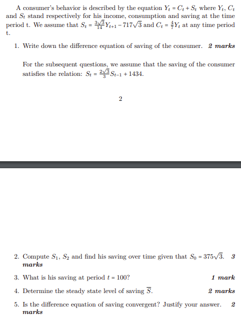 Solved A consumer's behavior is described by the equation Y; | Chegg.com