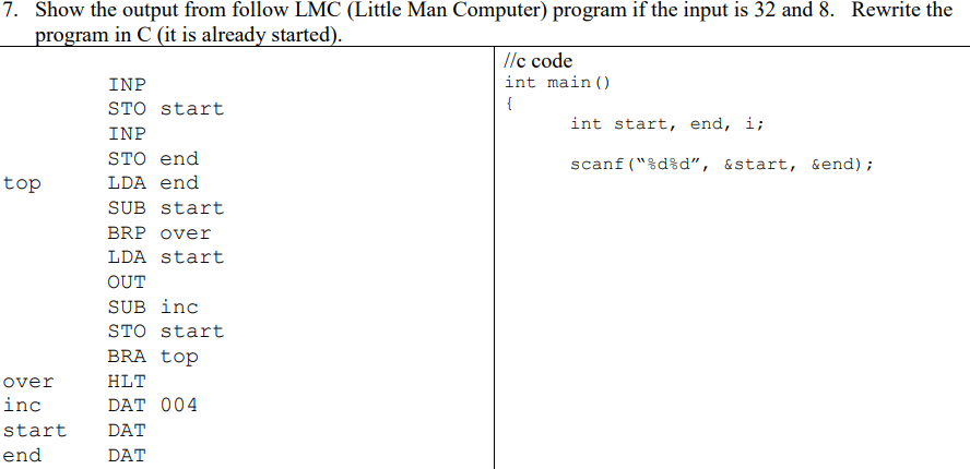 7. Show the output from follow LMC (Little Man | Chegg.com