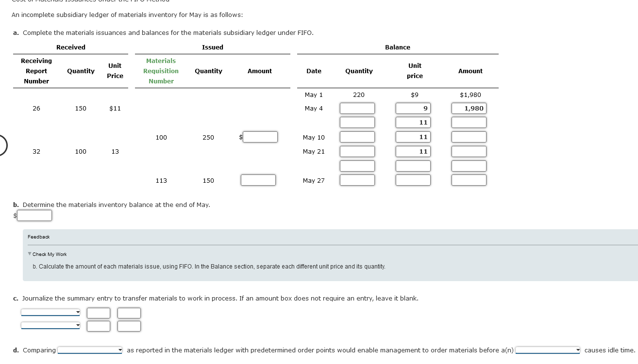 Solved An incomplete subsidiary ledger of materials | Chegg.com