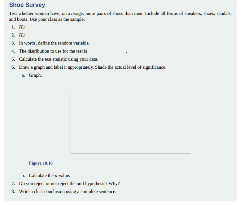 Shoe Survey Test whether women have, on average, more | Chegg.com
