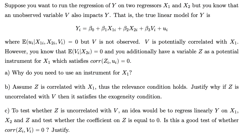 Suppose you want to run the regression of Y on two | Chegg.com