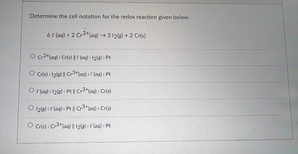 Solved Determine the cell notation for the redox reaction | Chegg.com