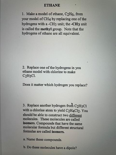 Solved ETHANE 1. Make a model of ethane, C2H6, from your | Chegg.com