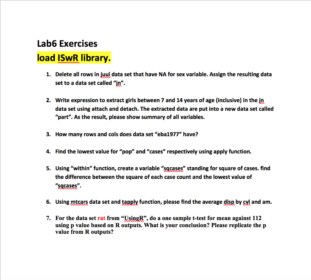 Solved Lab6 Exercises load ISwR library. Delete all rows in | Chegg.com
