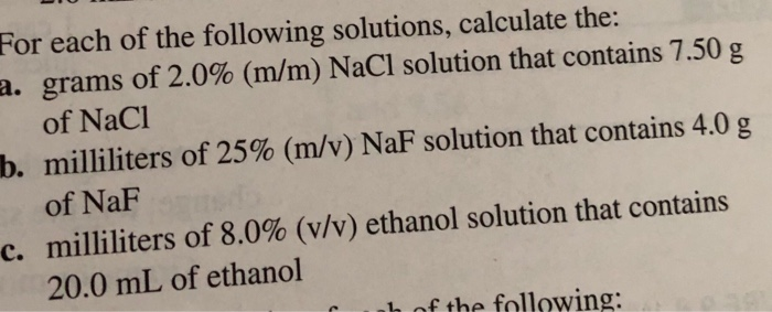Solved For each of the following solutions, calculate the: | Chegg.com