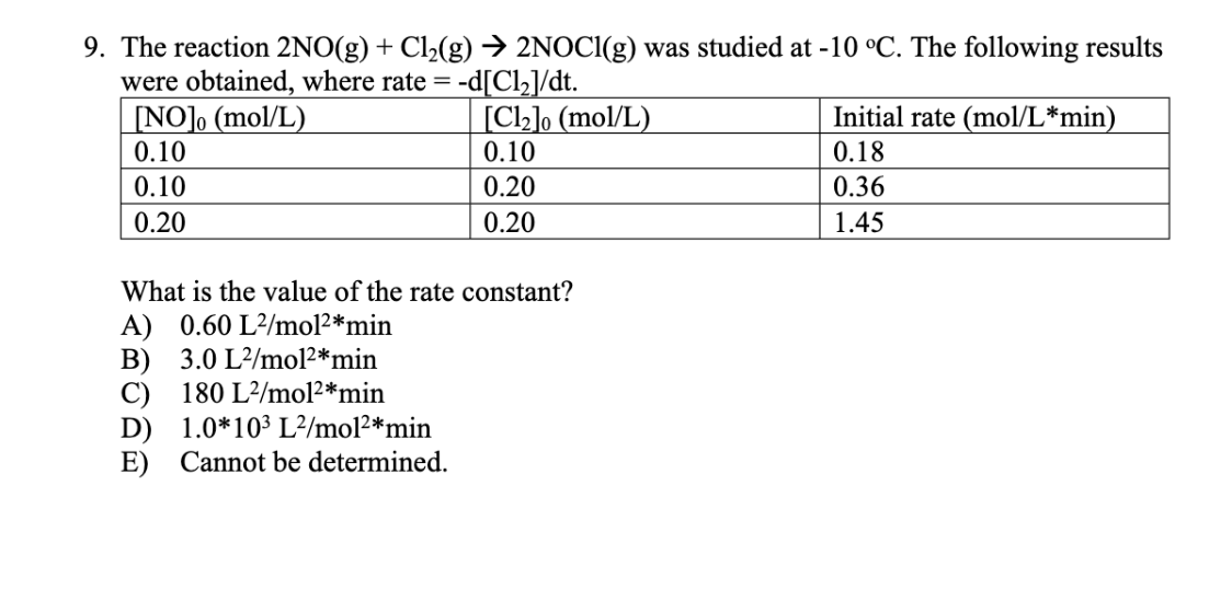 Solved 9. The reaction 2NO(g) + Cl2(g) 2NOCI(g) was studied | Chegg.com