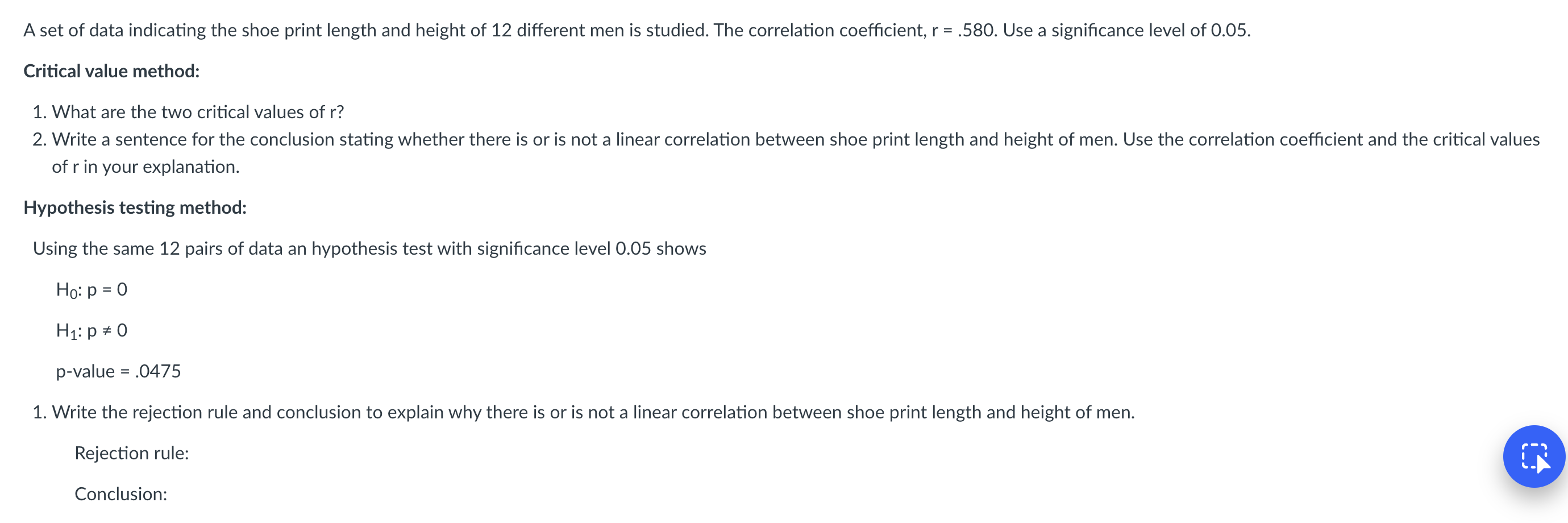 Solved A set of data indicating the shoe print length and | Chegg.com