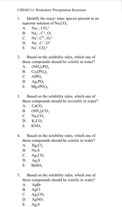 Solved: CHEMI111 Worksheet: Precipitation Reactions . Iden... | Chegg.com