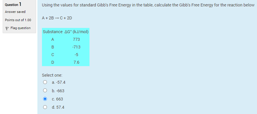 Solved Using the values for standard Gibb's Free Energy in | Chegg.com