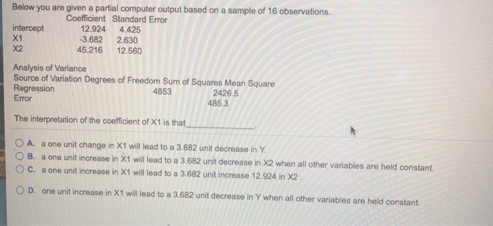 Solved Below you are given a partial computer output based | Chegg.com