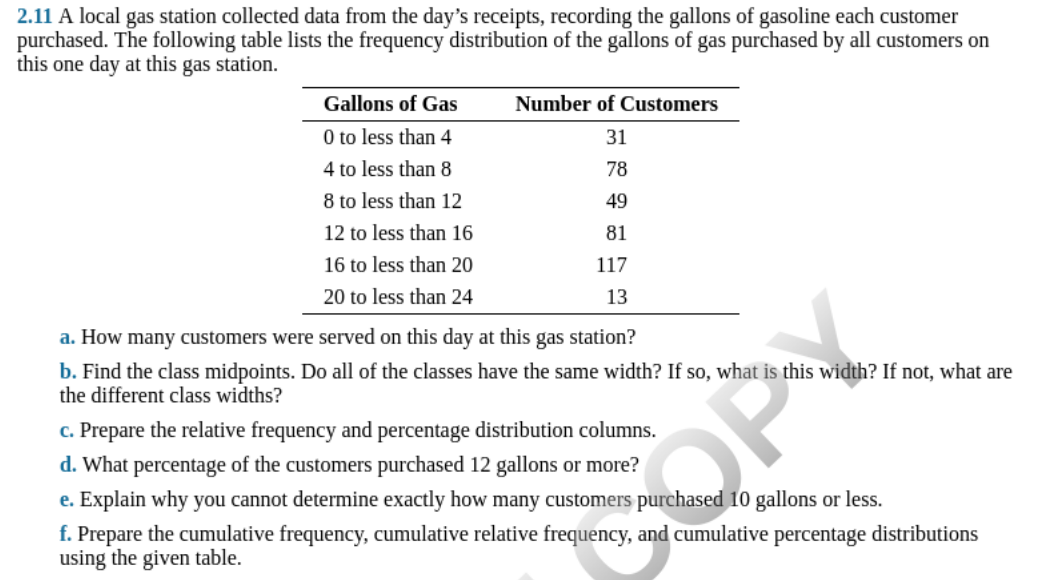 Solved 2.11 A local gas station collected data from the | Chegg.com