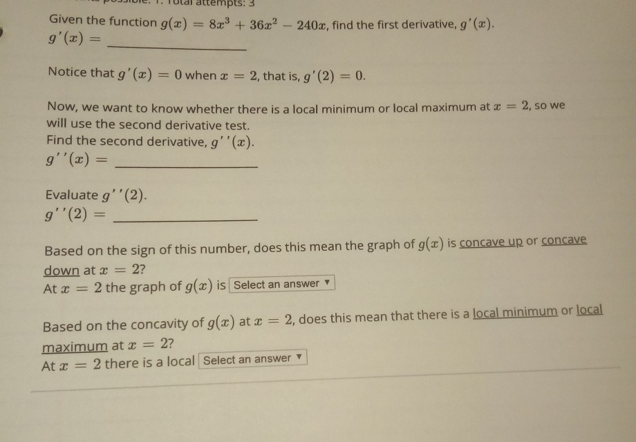 Solved Given the function g(z)-8x3 + 36x2-240a, find the | Chegg.com