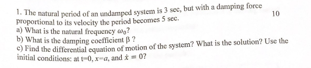 Solved 1. The natural period of an undamped system is 3sec, | Chegg.com