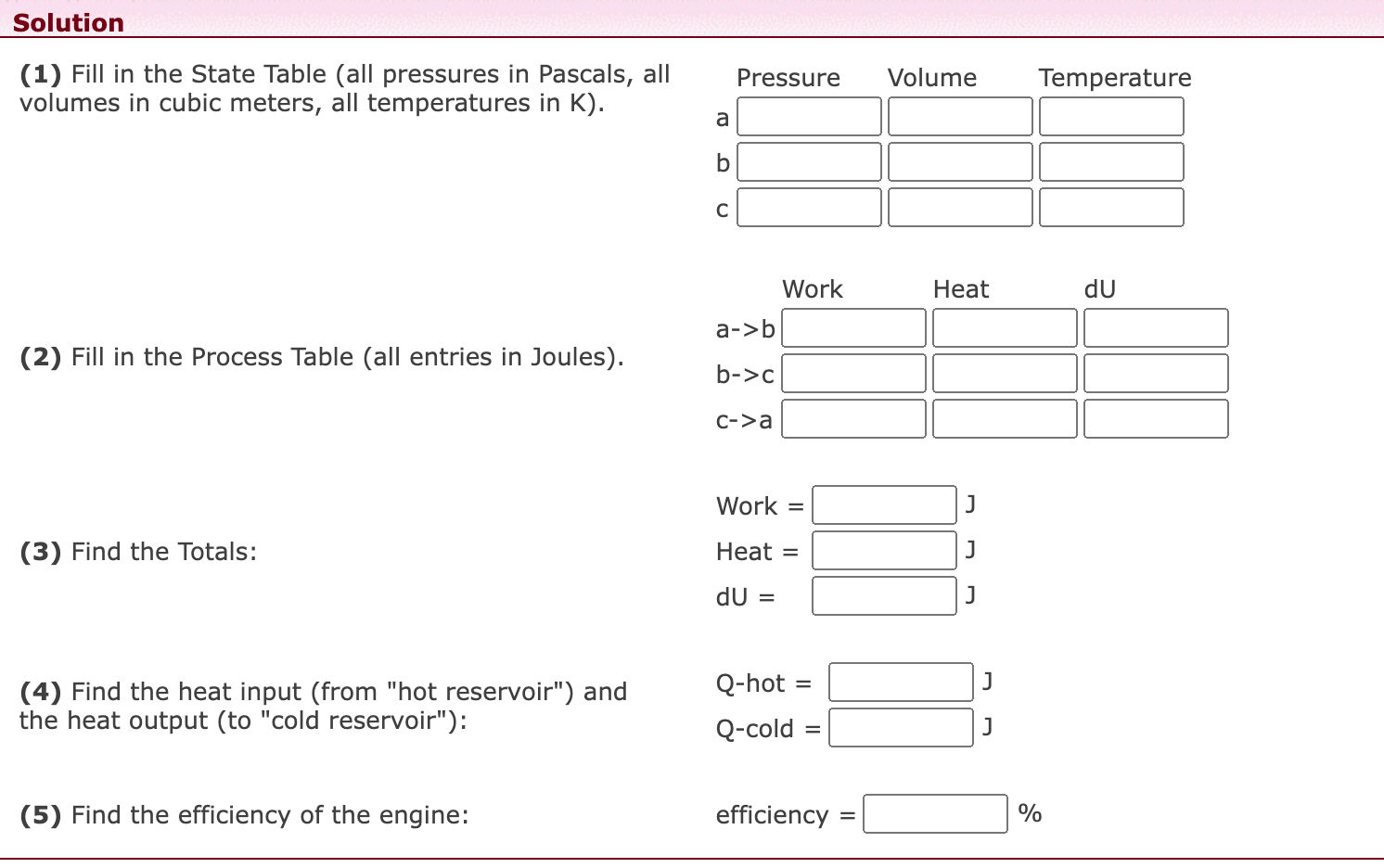 Solved Complete Analysis of Heat Engine Goal Solve for the | Chegg.com