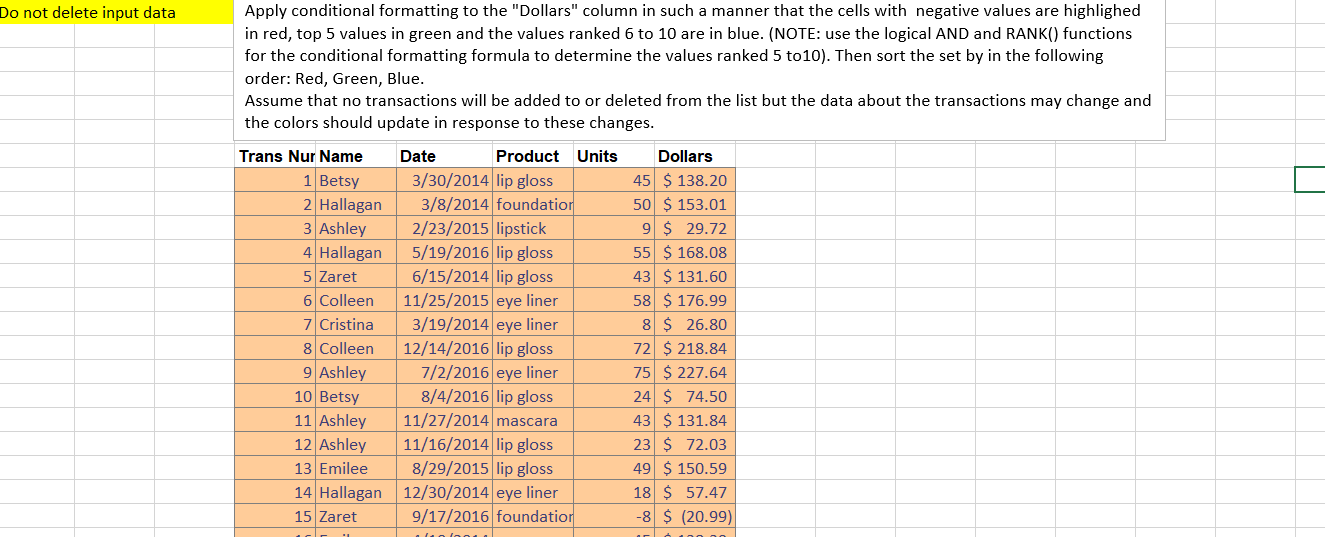 Solved Do not delete input data Apply conditional formatting | Chegg.com