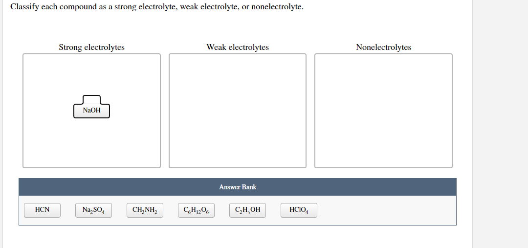 Solved Classify each compound as a strong electrolyte, weak | Chegg.com