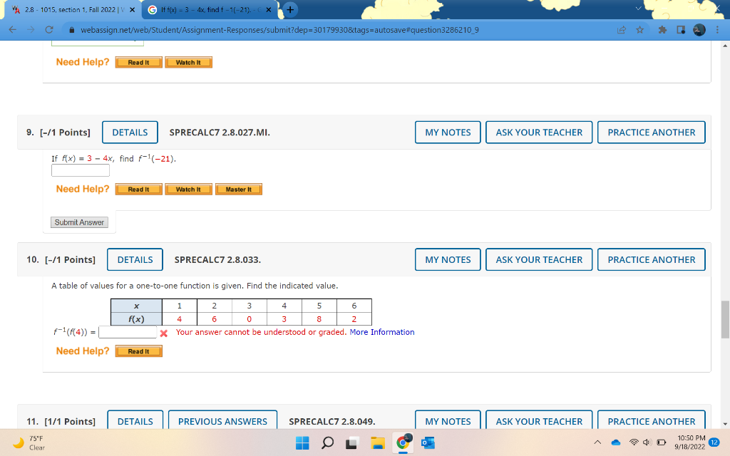 Solved If f(x)=3−4x, find f−1(−21). [-/1 Points] SPRECALC7 | Chegg.com