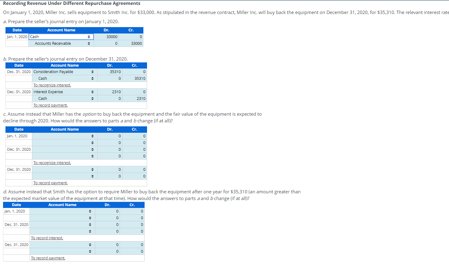 Recording Revenue Under Different Repurchase | Chegg.com
