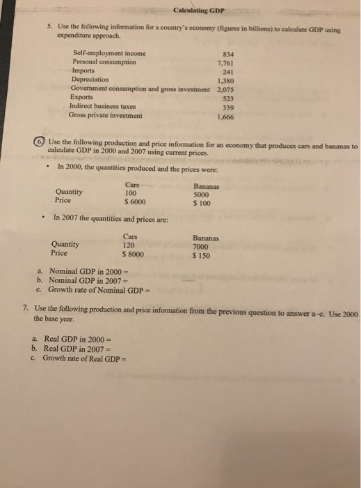 Calculating GDP 5. Use the following information for | Chegg.com