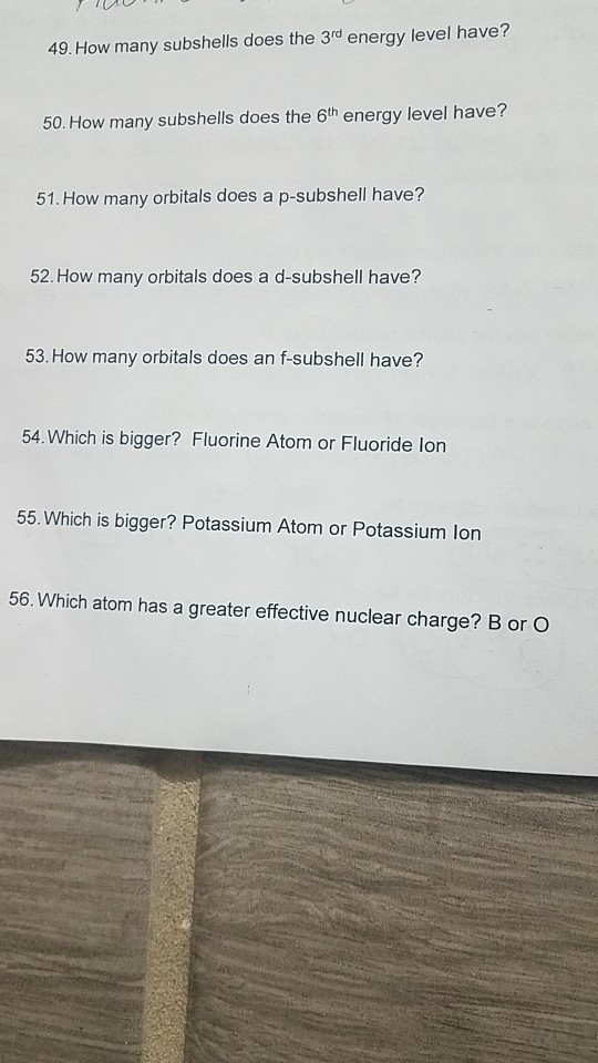 Solved 49. How many subshells does the 3rd energy level | Chegg.com