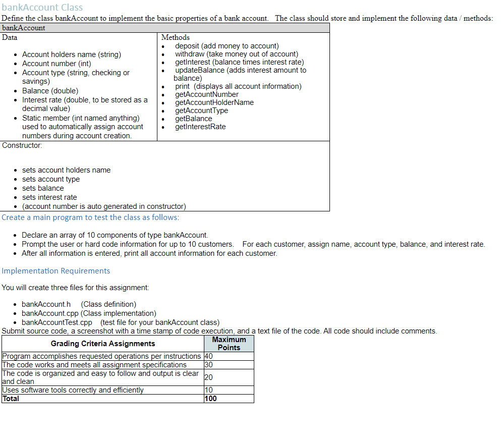 Solved bankAccount Class Define the class bankAccount to | Chegg.com