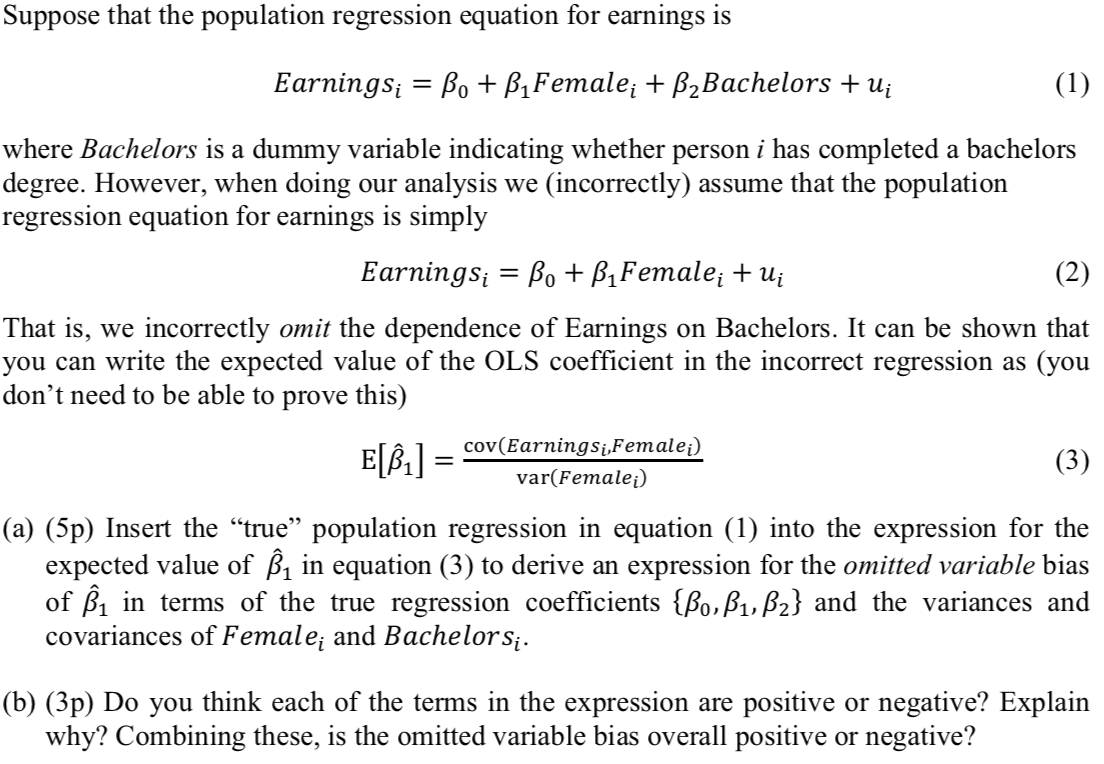 Solved Suppose that the population regression equation for | Chegg.com