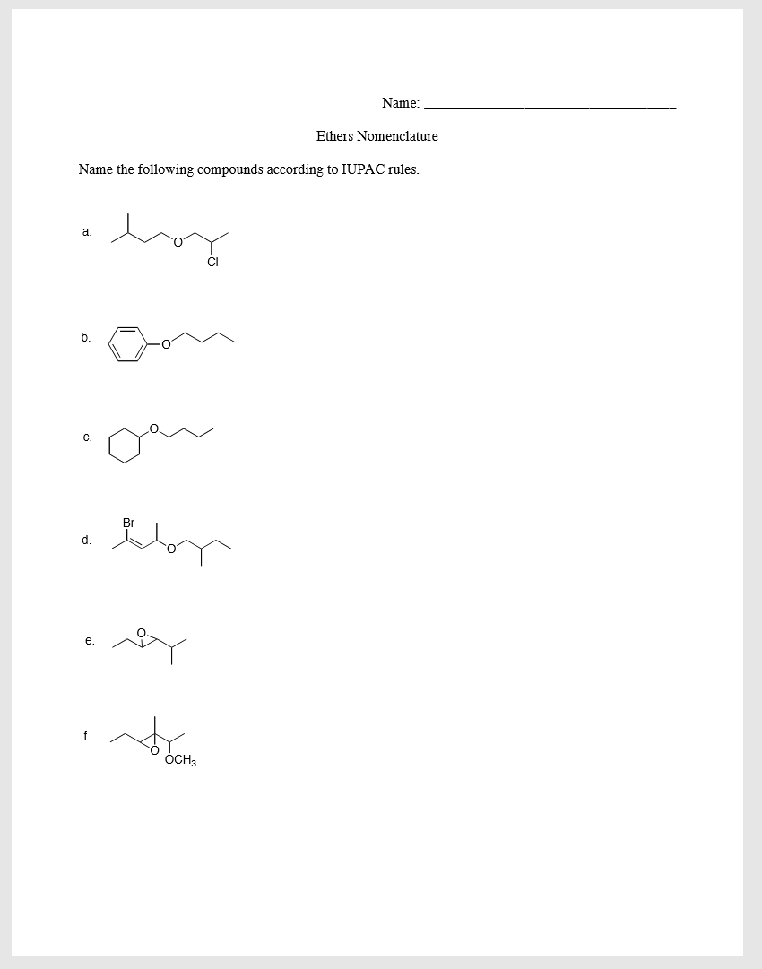 Solved Name: Ethers Nomenclature Name the following | Chegg.com
