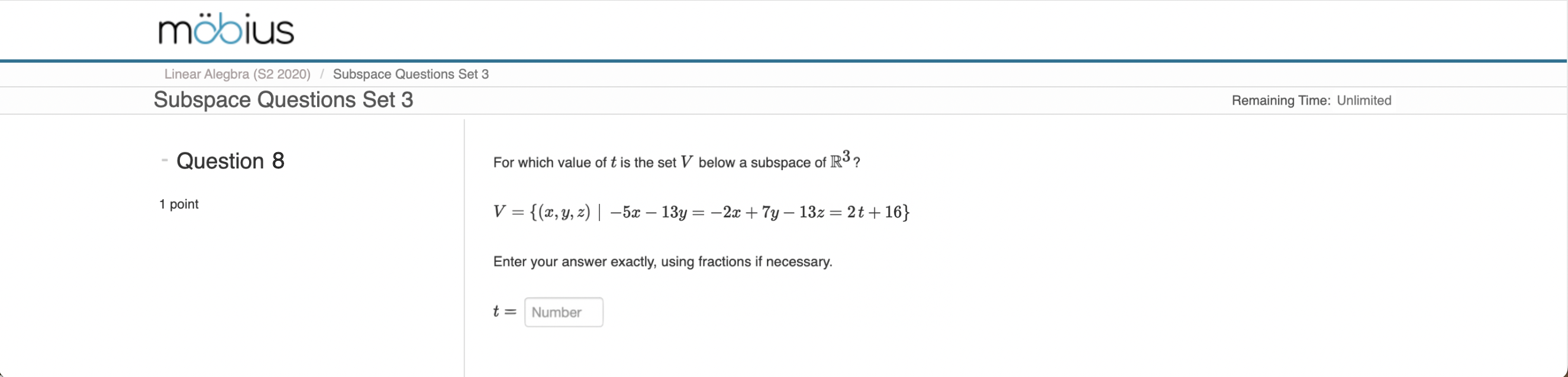Solved möbius Linear Alegbra (S2 2020) Subspace Questions | Chegg.com