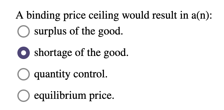 Solved A binding price ceiling would result in | Chegg.com