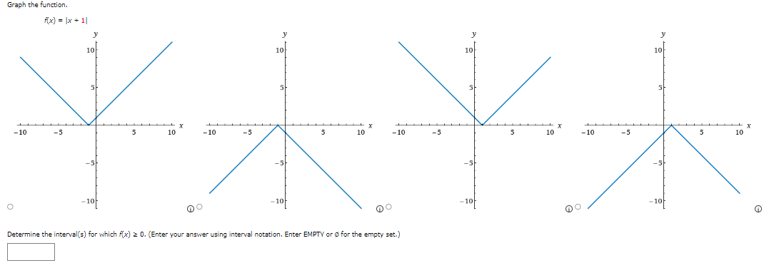 Solved Graph the function. f(x)=∣x+1∣ Determine the interval | Chegg.com
