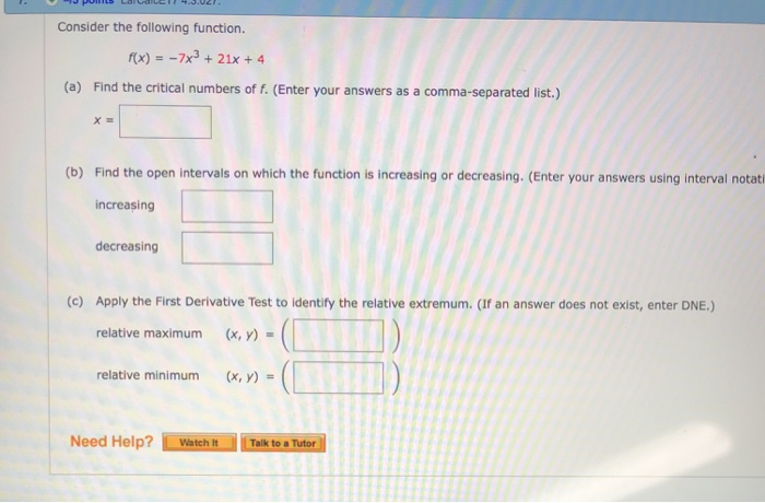 Solved Consider the following function. fx)7x3 21x +4 the | Chegg.com