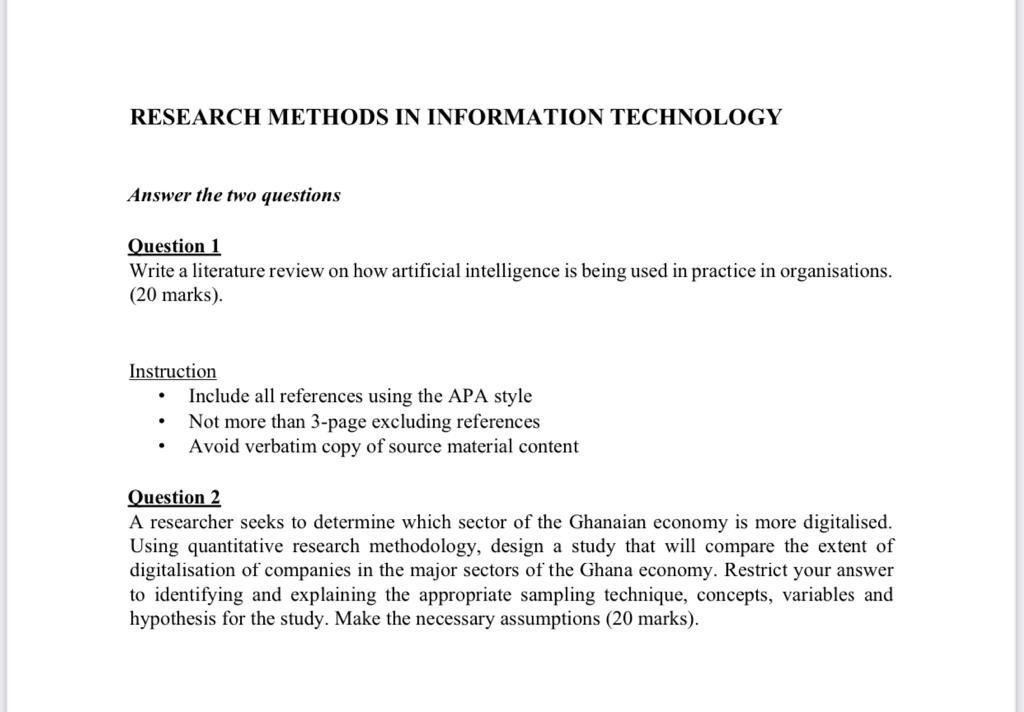 Solved RESEARCH METHODS IN INFORMATION TECHNOLOGY Answer the | Chegg.com