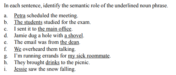 Solved In each sentence, identify the semantic role of the | Chegg.com